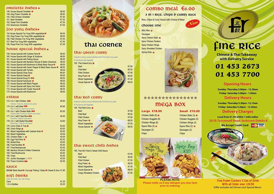 Menu at Fine Rice restaurant, Dublin