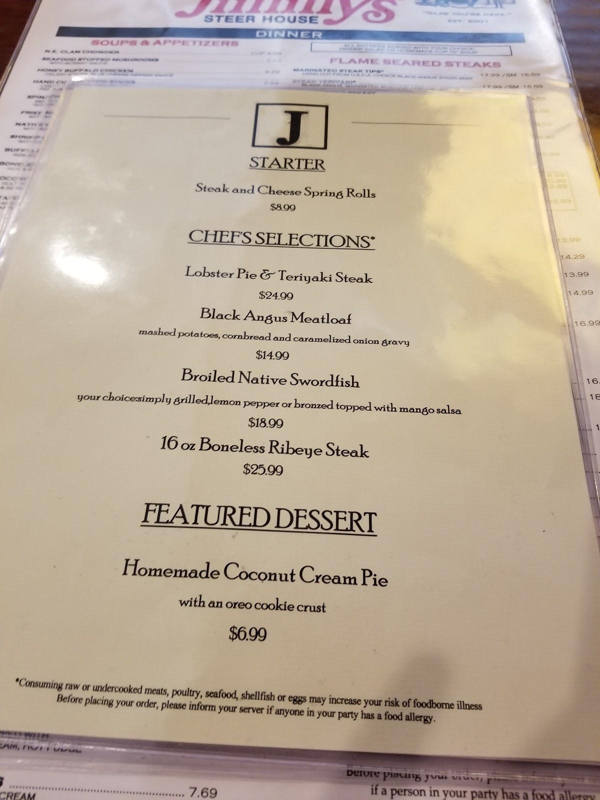 Menu at Jimmy's Steer House steakhouse, Saugus, 114 Broadway