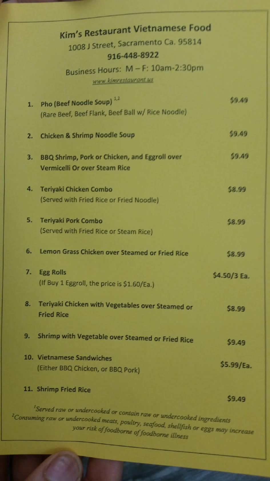Menu at Kim’s Restaurant, Sacramento