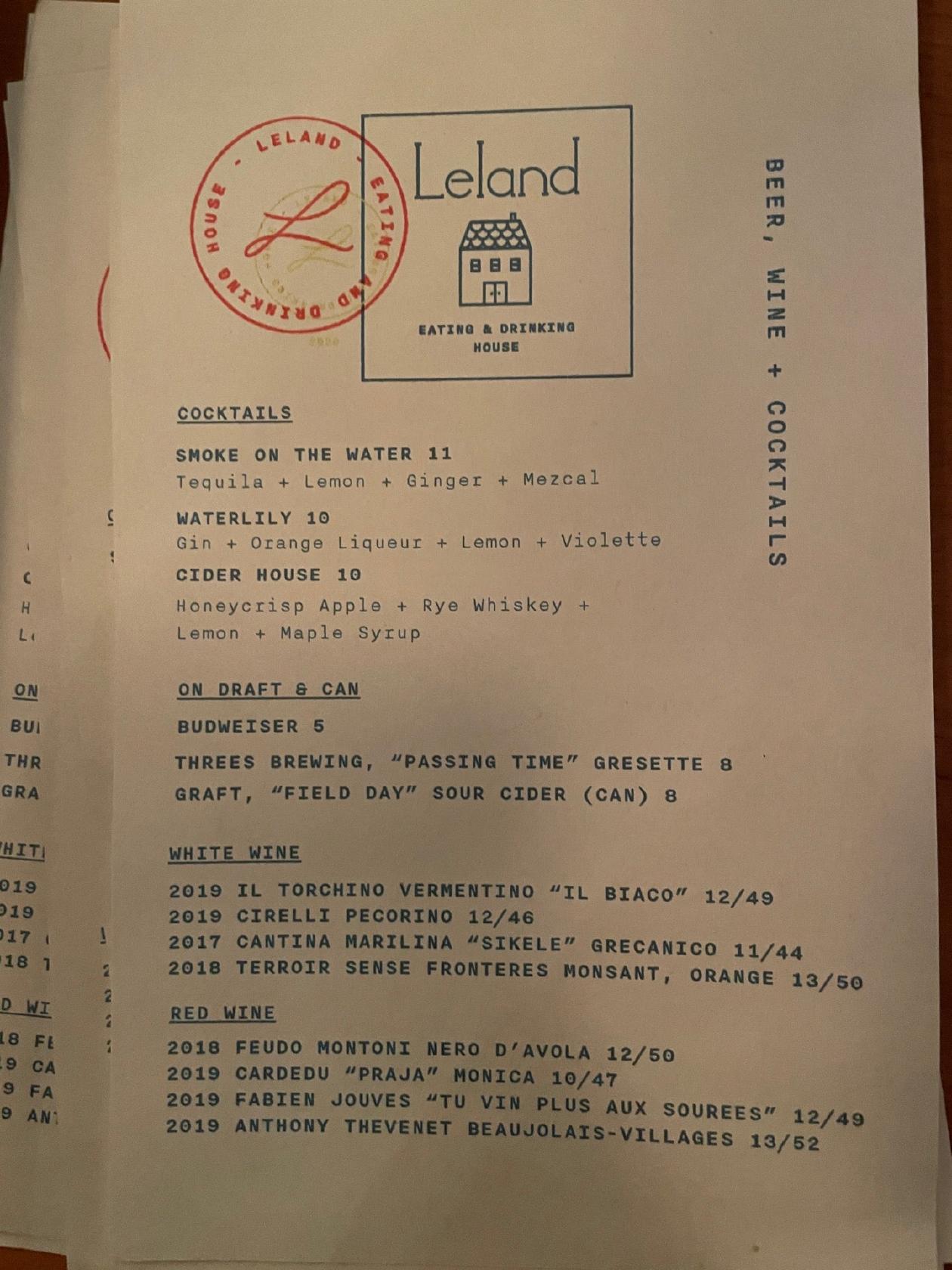 Menu at Leland Eating and Drinking House pub & bar, New York City