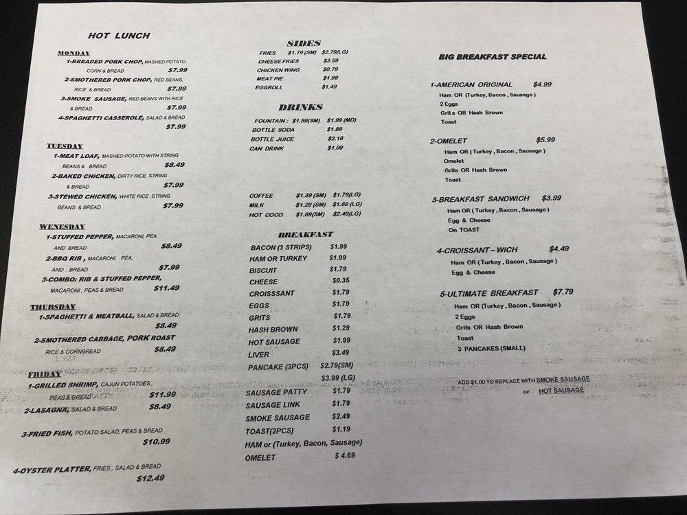 Menu at Leo Caboose restaurant, New Orleans