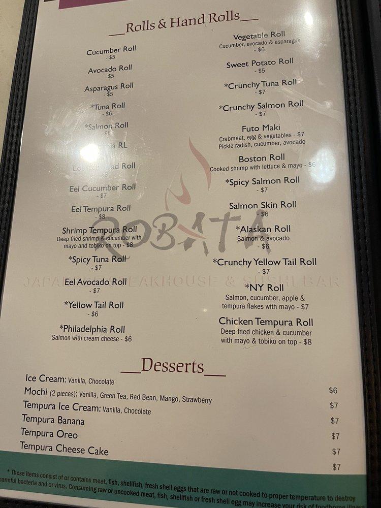 Menu at Robata Japanese Steak House restaurant, Clermont