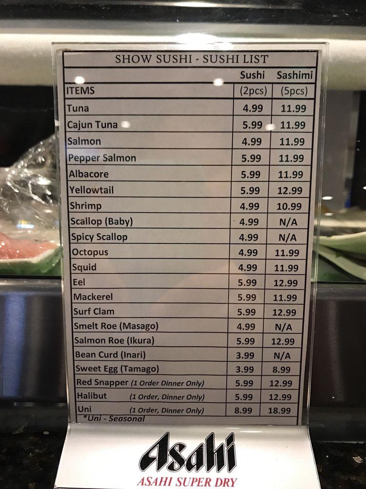 Menu at Show Sushi restaurant, San Dimas