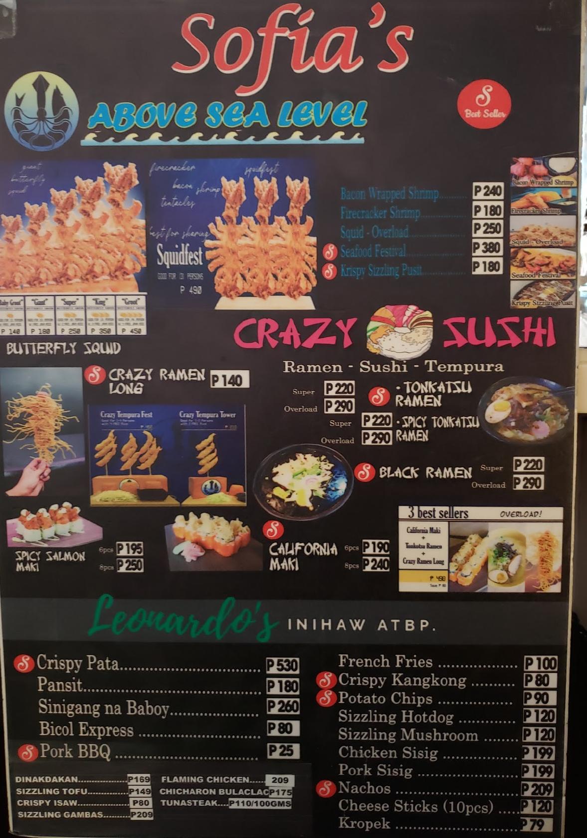 Menu at Sofia's restaurant, Naga