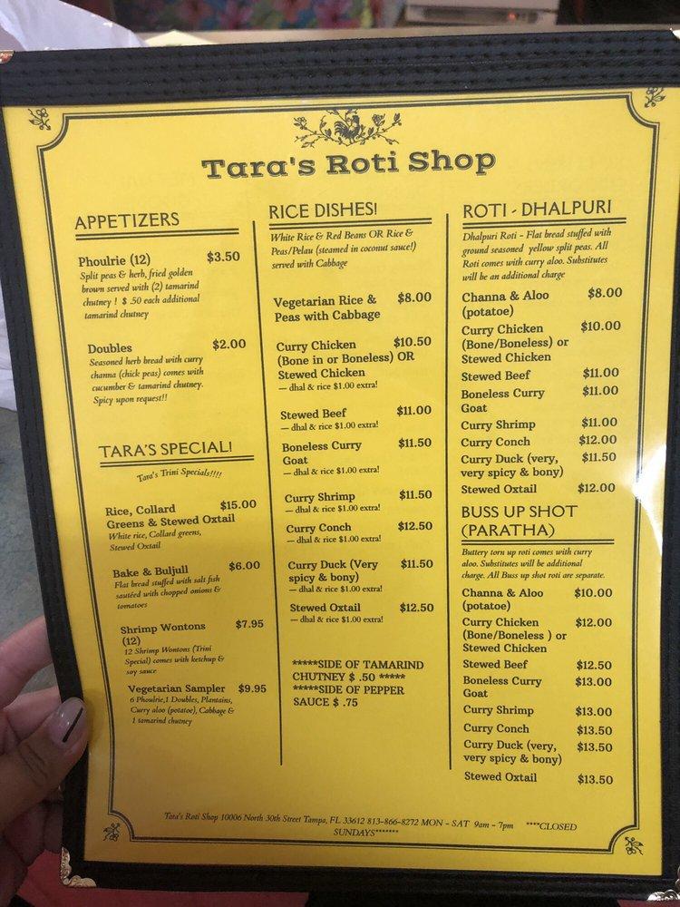 Menu at Tara's Roti Shop restaurant, Tampa