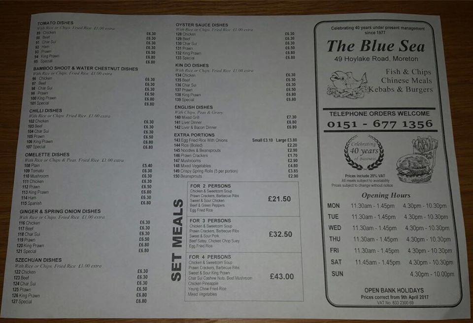 Menu at The Blue Sea restaurant, Birkenhead, 49 Hoylake Rd
