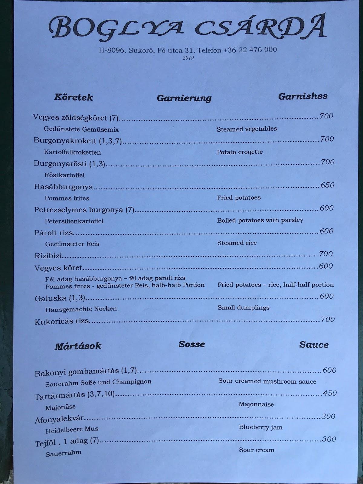 Menu at Boglya Csárda restaurant, Sukoró