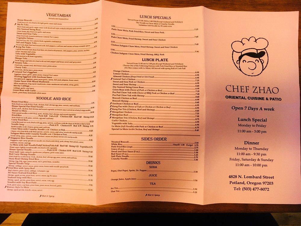 Menu at Chef Zhao restaurant, Portland