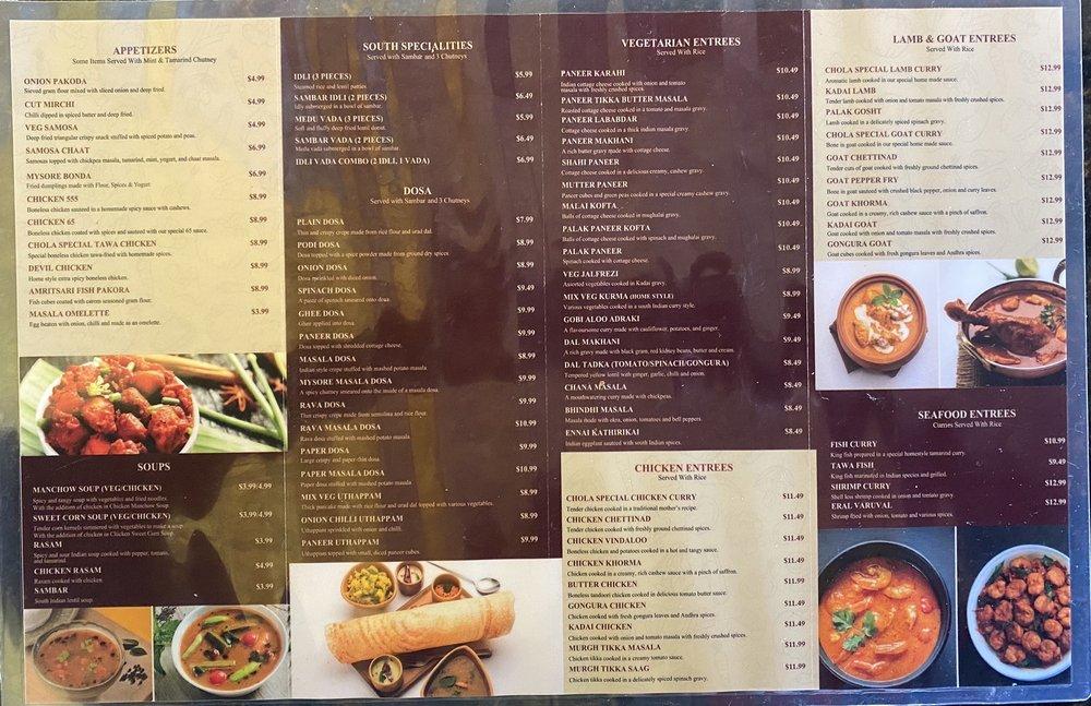 Menu at Chola Indian Cuisine restaurant, Toronto