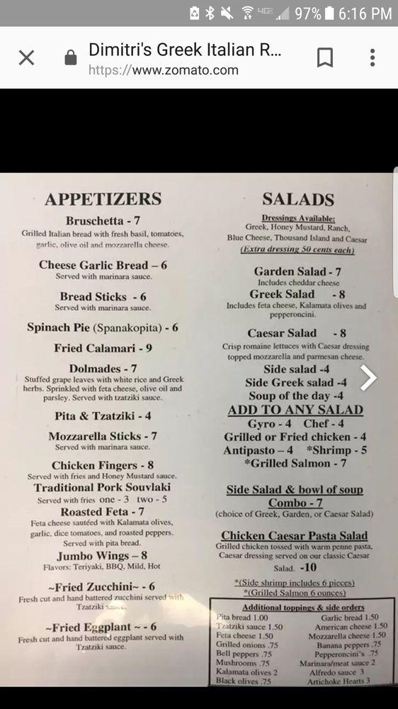 Menu at Dimitri's Greek Italian Restaurant, Greer