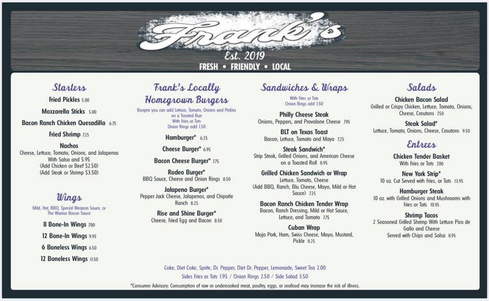 Menu at Frank’s pub & bar, Sparta