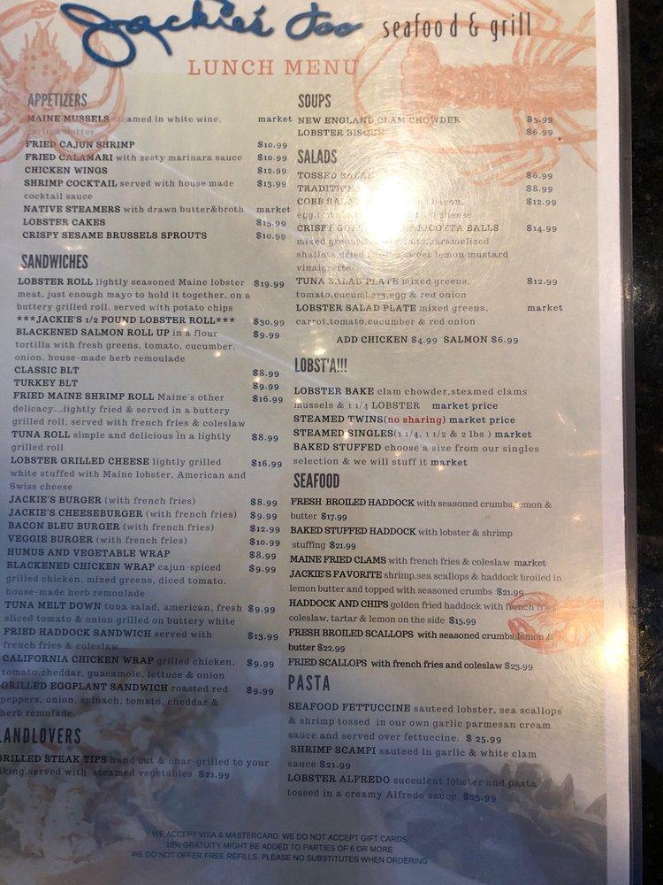Menu at Jackie's Too pub & bar, Ogunquit, 91 Perkins Cove Rd