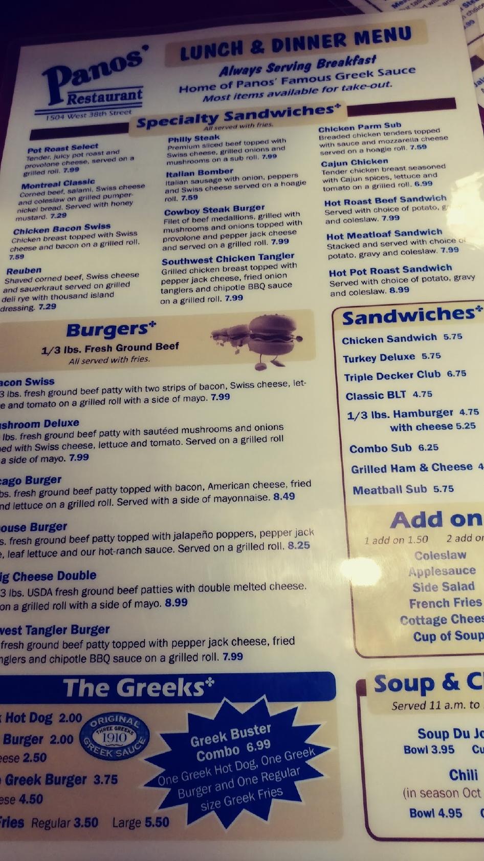 Menu at Panos' Restaurant, Erie