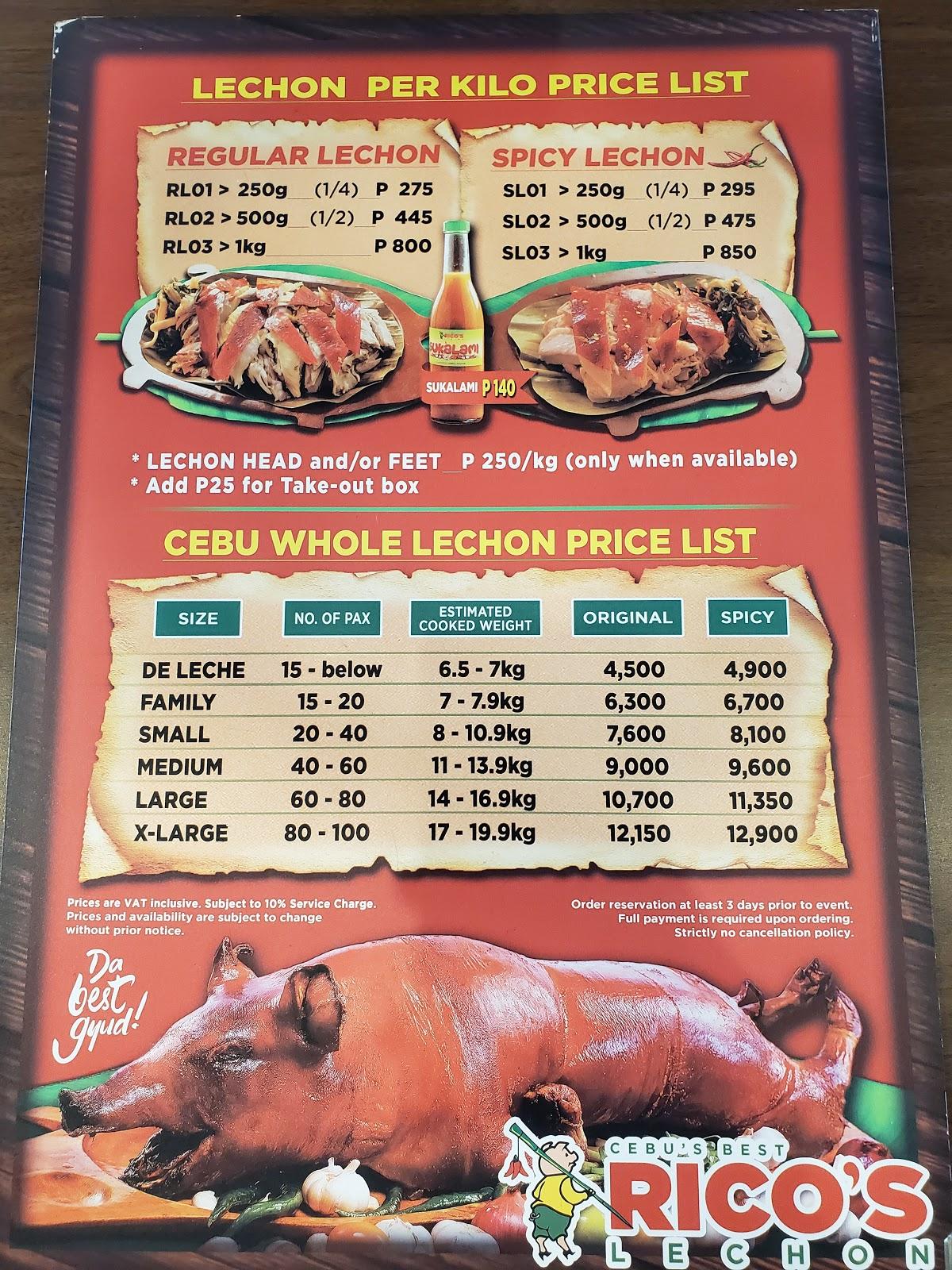 Menu at Rico's Lechon restaurant, Cebu City, N Escario St