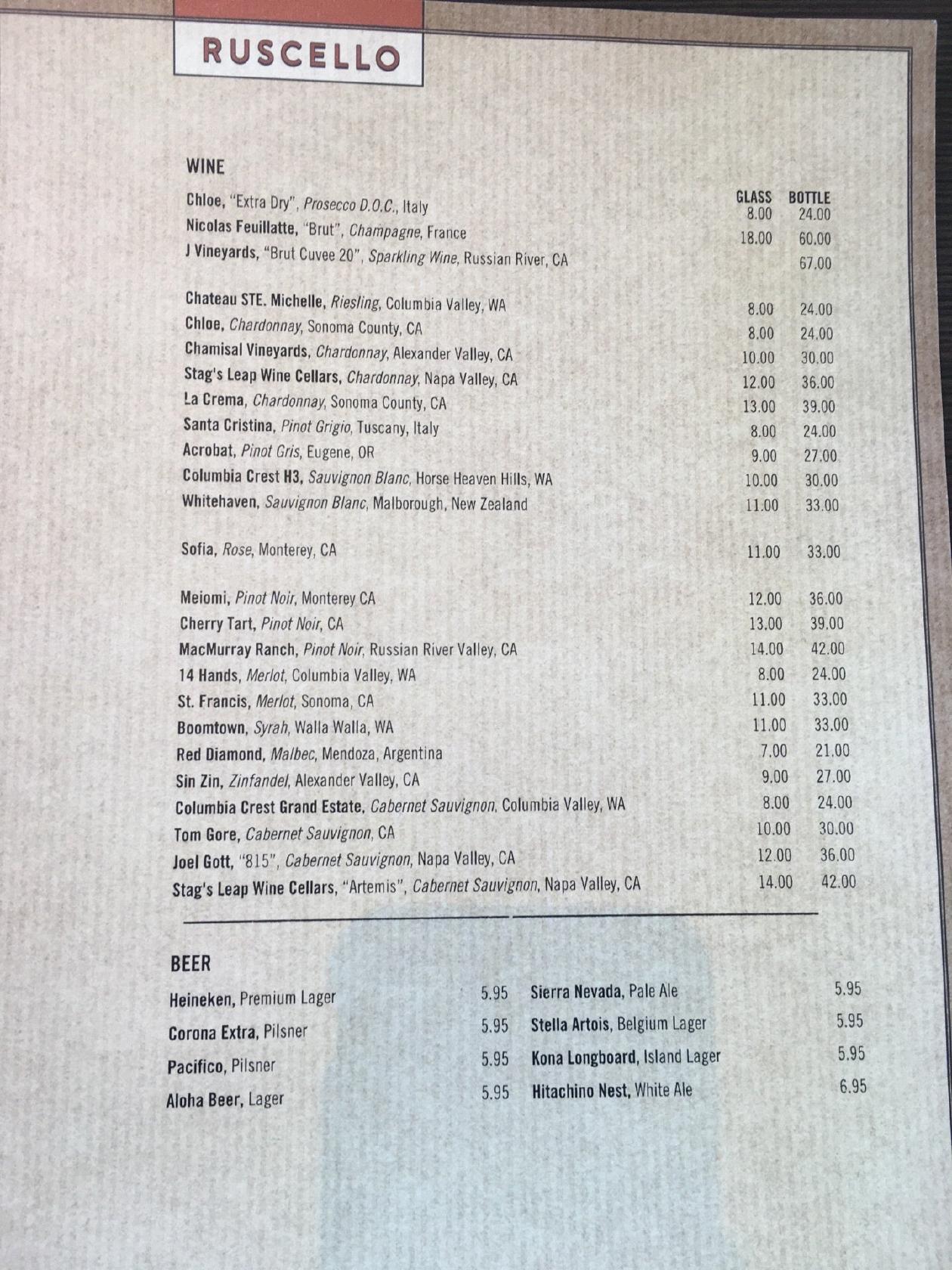 Menu at Ruscello pub & bar, Honolulu, Ala Moana Blvd Suite 2950