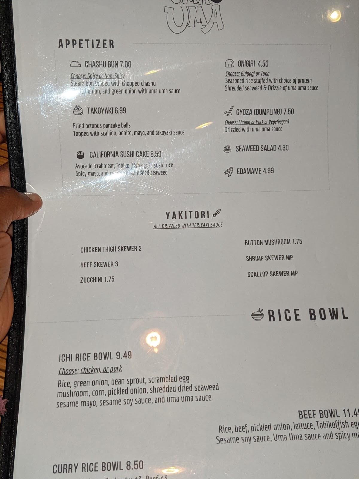 Menu at Uma Uma restaurant, Ellicott City