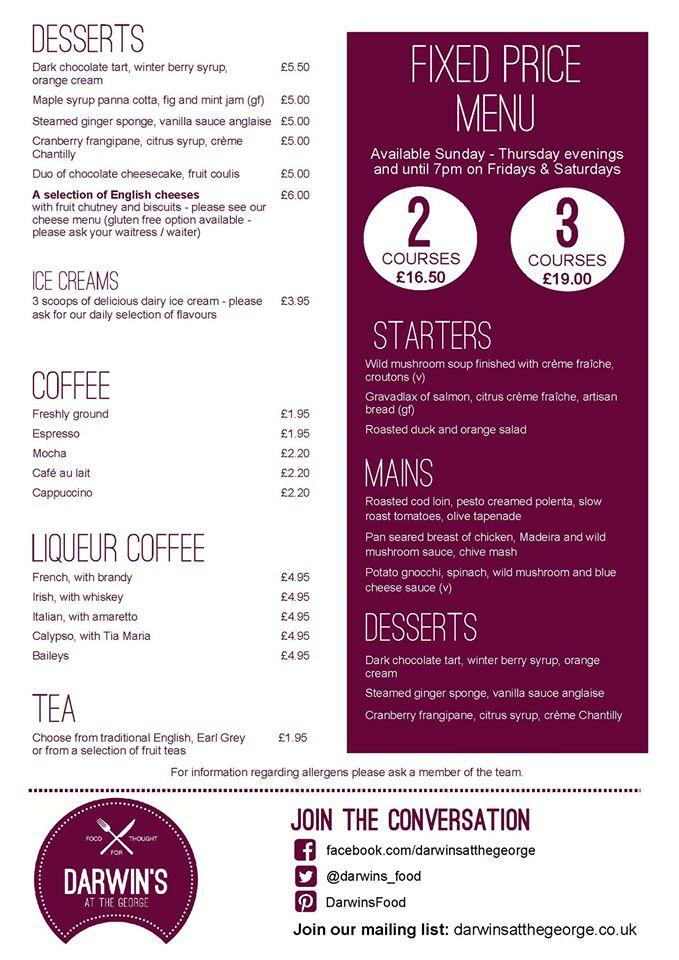 Menu at Darwin's at The George restaurant, Lichfield