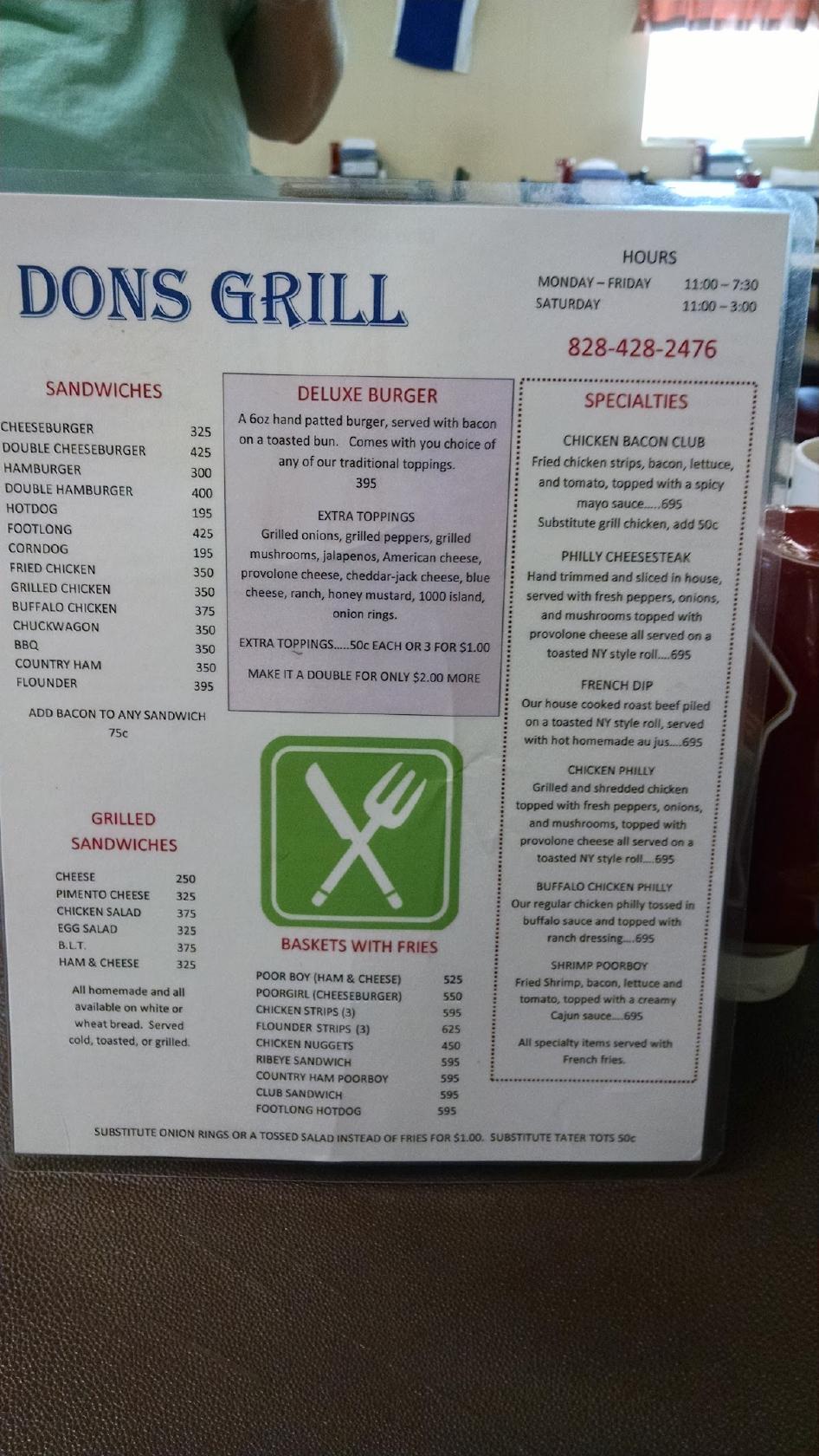 Menu at Don's Grill restaurant, Maiden