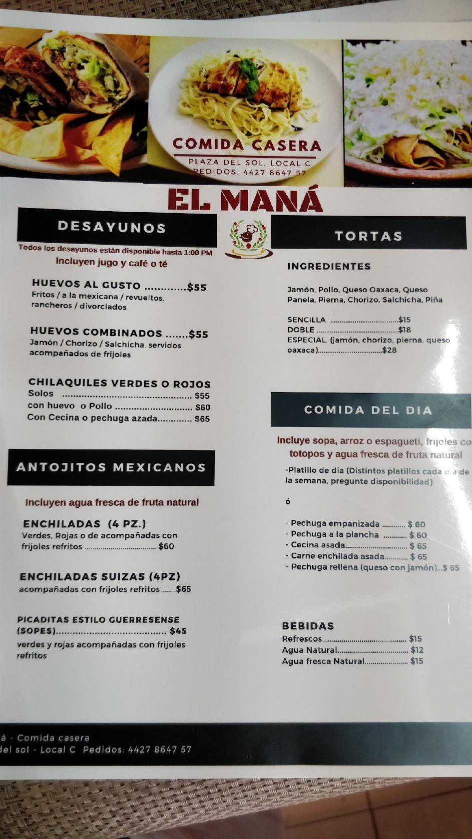 Menu at El Maná restaurant, Santiago de Querétaro, Plaza del sol Local C