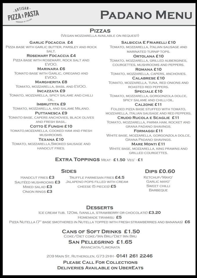 Menu at Padano restaurant, Rutherglen