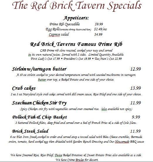 Menu at Red Brick Tavern pub & bar, London, Cumberland St