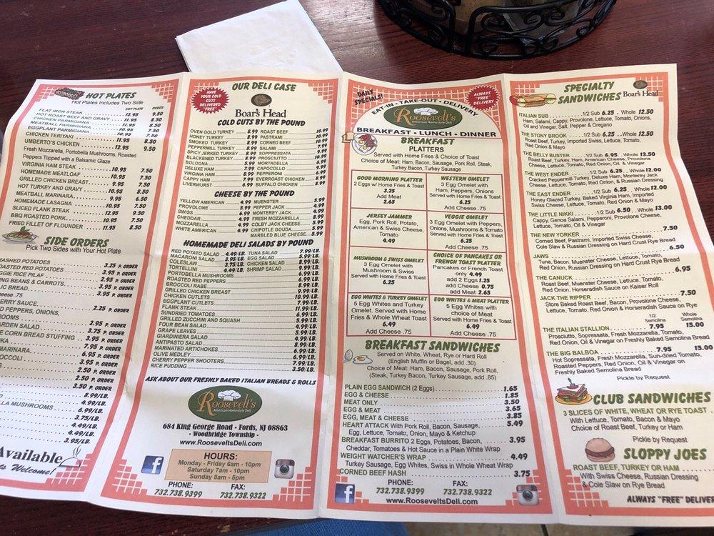 Menu at Roosevelt's American Homestyle Deli restaurant, Woodbridge Township