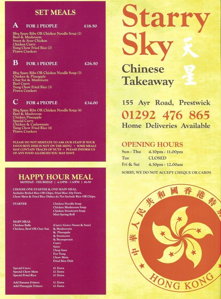 Menu at Starry Sky Takeaway fast food, Prestwick