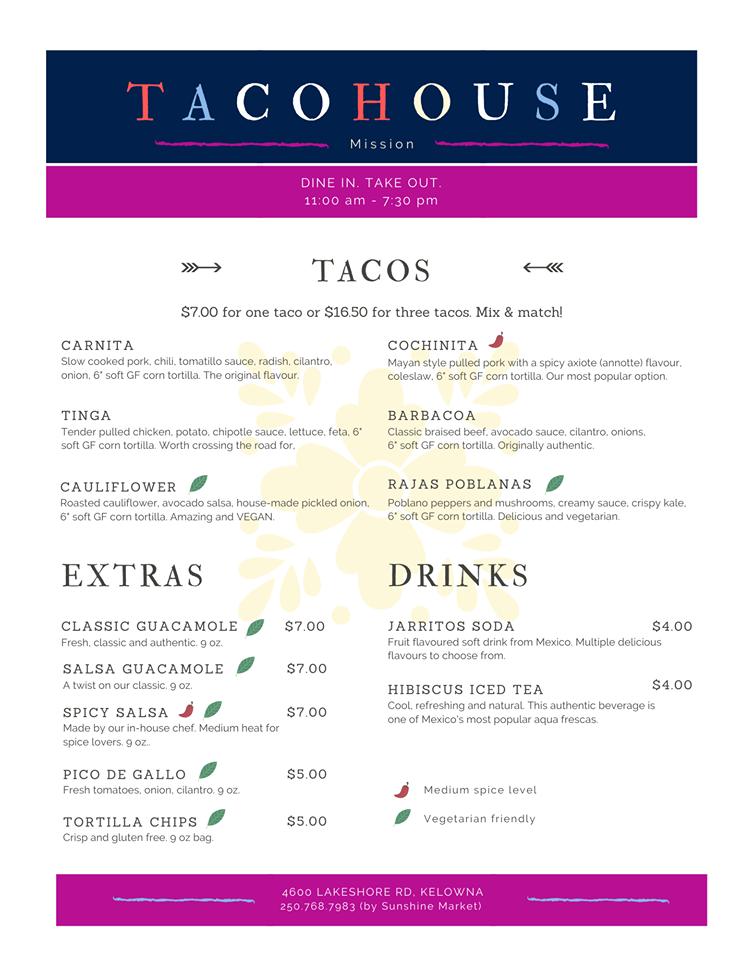 Menu at Taco House restaurant, Kelowna