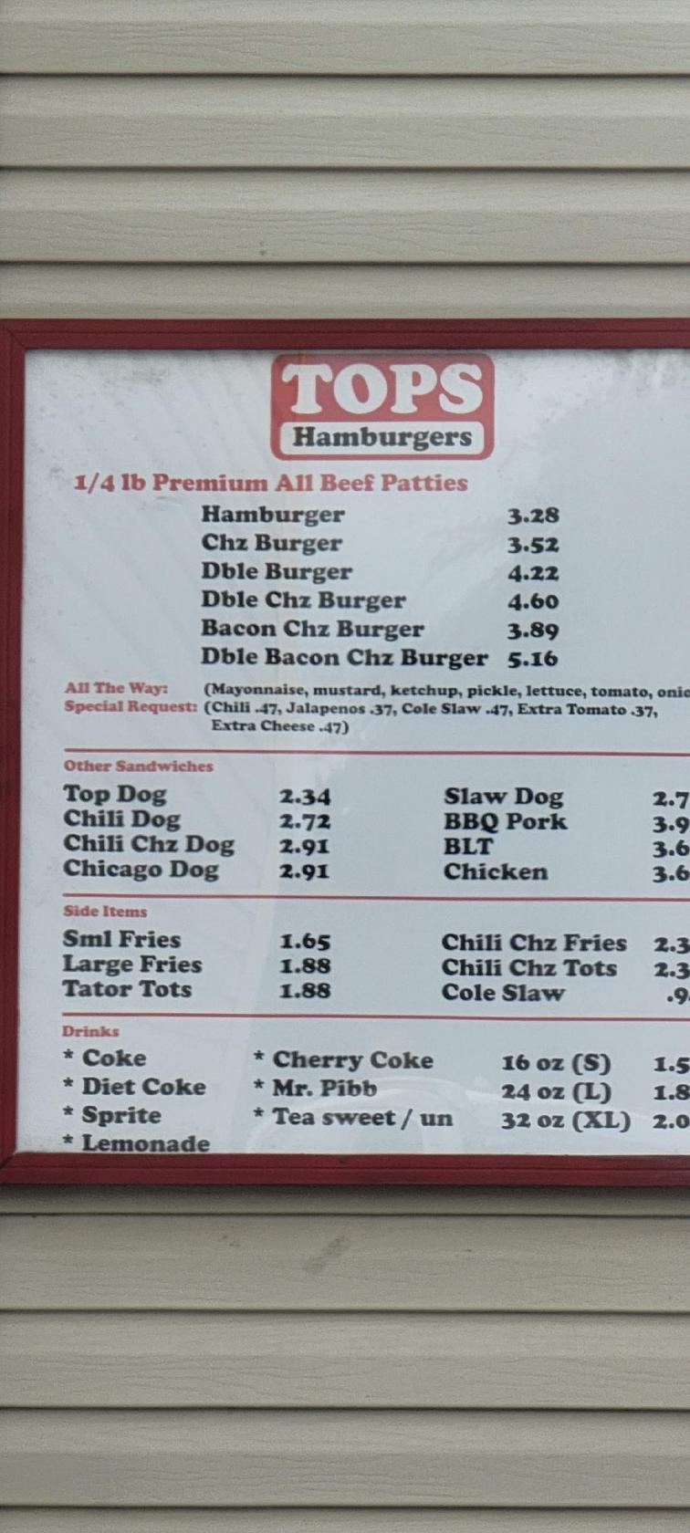 Menu at Tops Choice Hamburgers restaurant, Fort Walton Beach