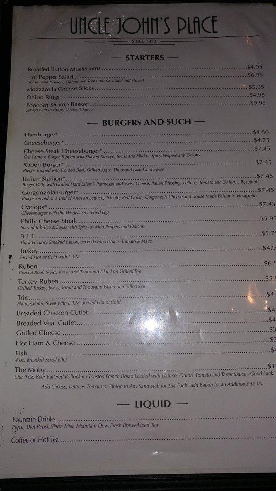 Menu at UNCLE JOHN’S PLACE restaurant, Mansfield