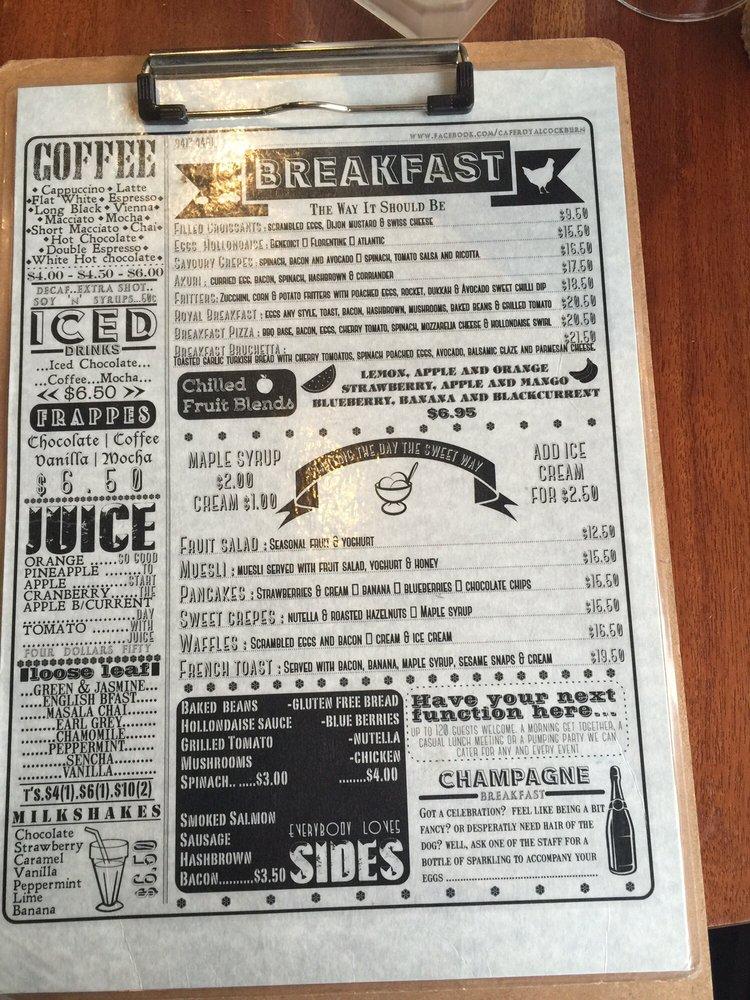 Menu at Cafe Royal, Cockburn Central