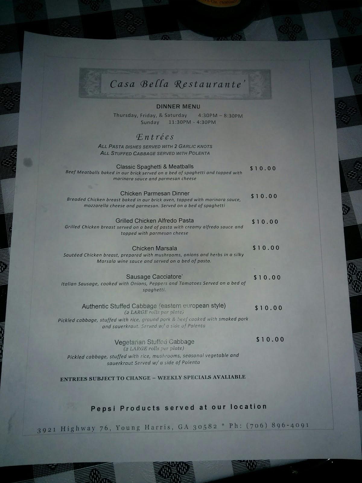 Menu at Casa Bella Restaurante, Young Harris
