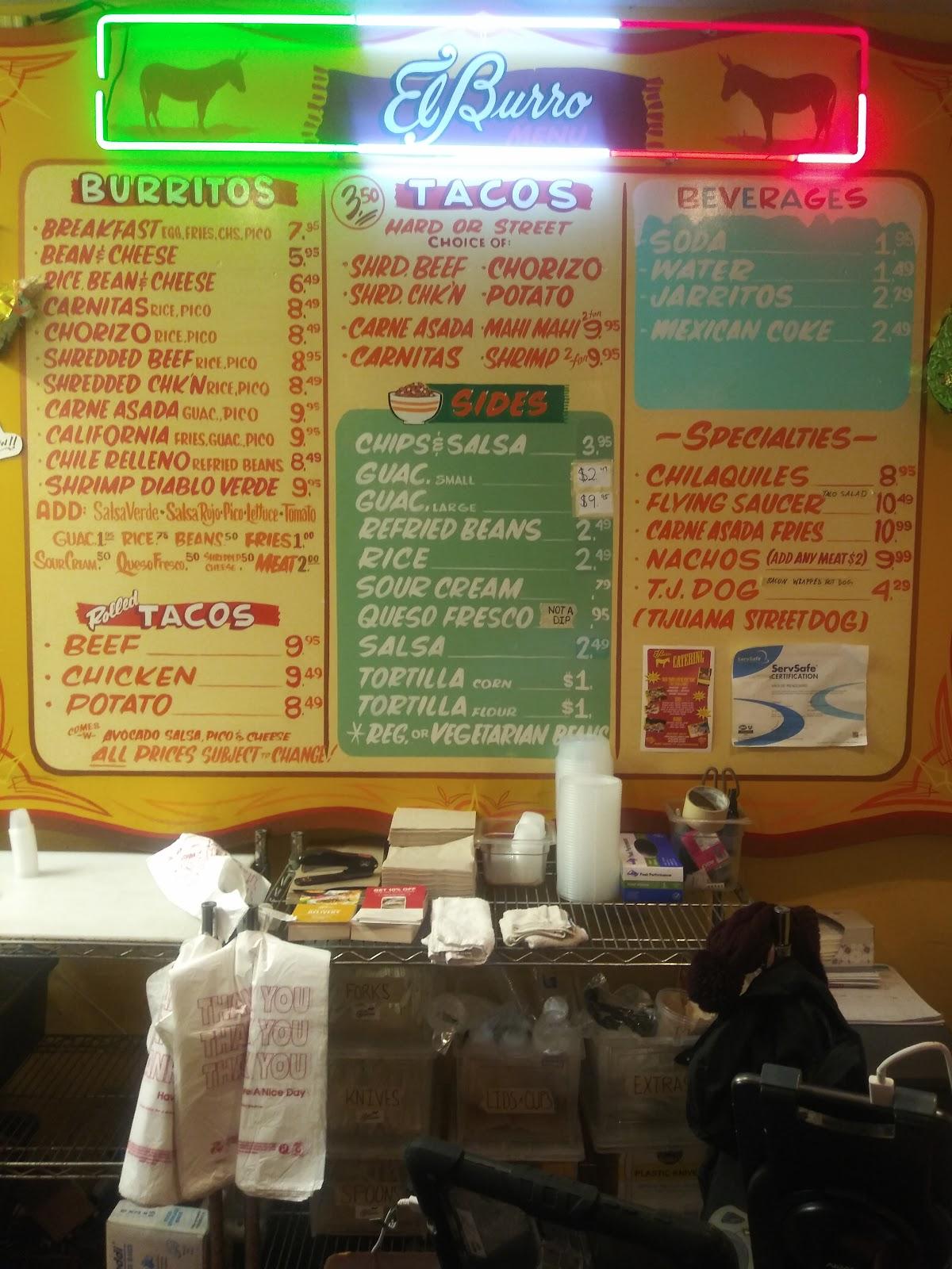 Menu at El Burro Uno restaurant, Pittsburgh, Federal St