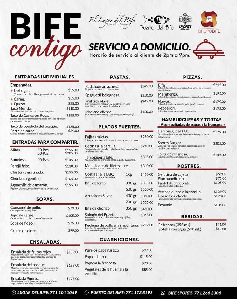 Menu at El Lugar del Bife steakhouse, Pachuca