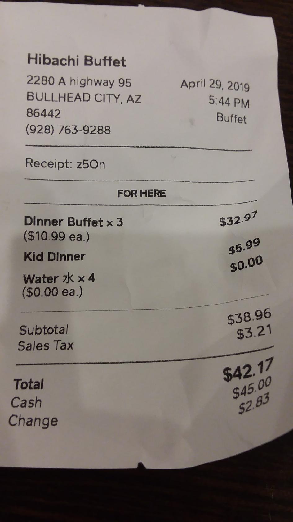 Menu at Hibachi Buffet restaurant, Bullhead City, A AZ-95