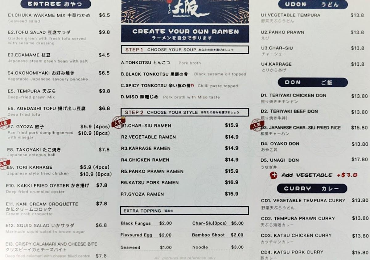 Menu at Osaka Ramen restaurant, Casuarina