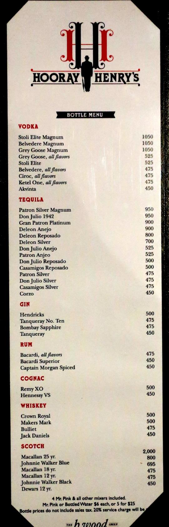 Menu at Peppermint Club, West Hollywood