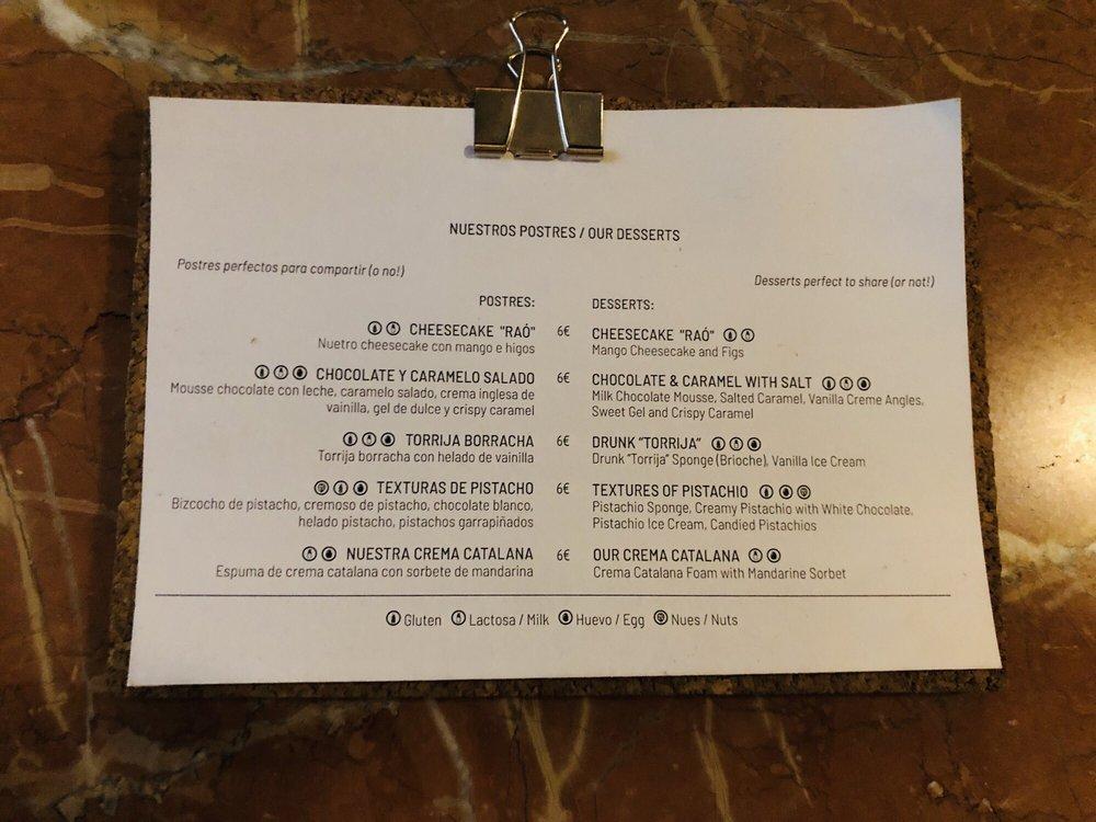 Menu at RAO Restaurant, Barcelona