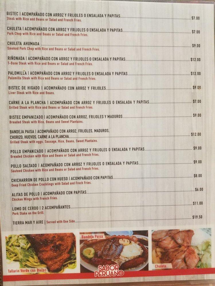 Menu at Sabor Peruano restaurant, West New York, Bergenline Ave