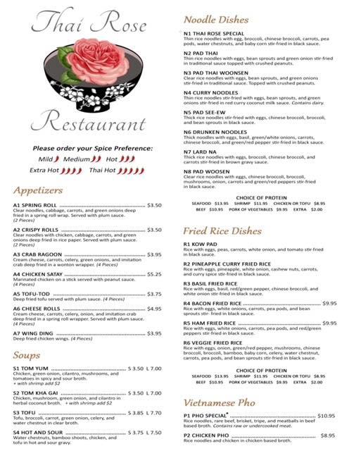 Menu at Thai Rose Restaurant, Auburn Hills