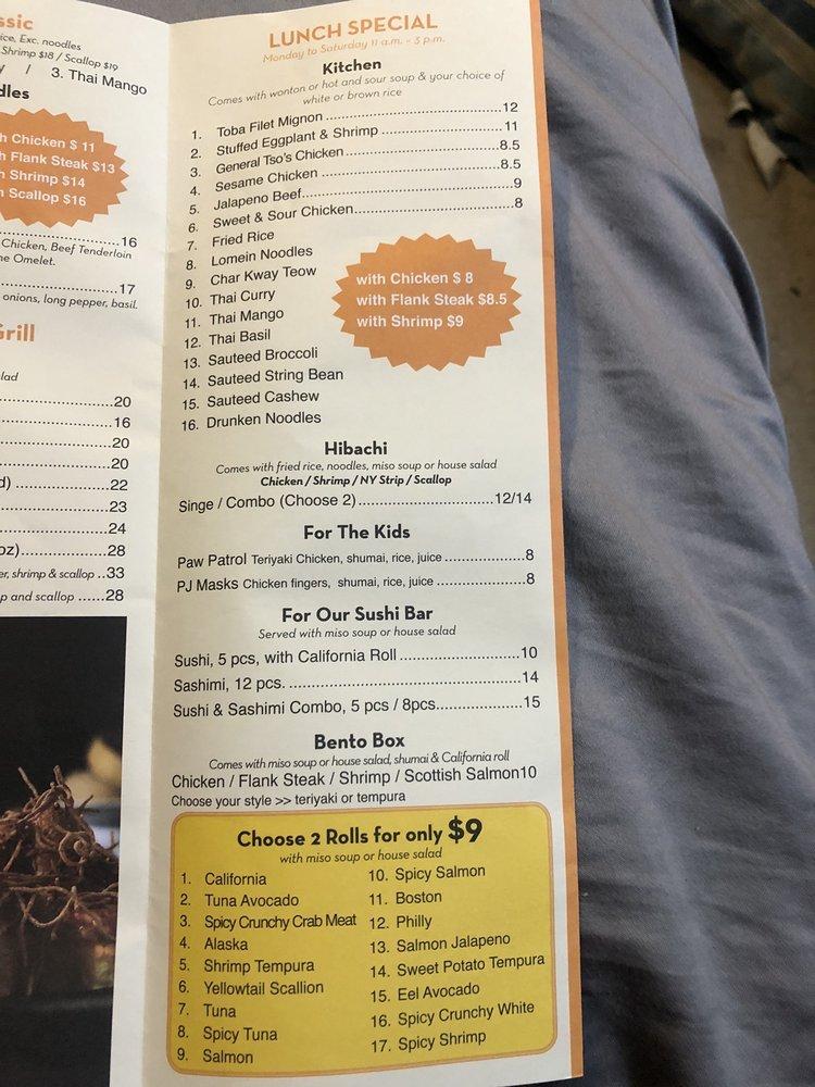 Menu at Toba Asian Fusion restaurant, Middletown