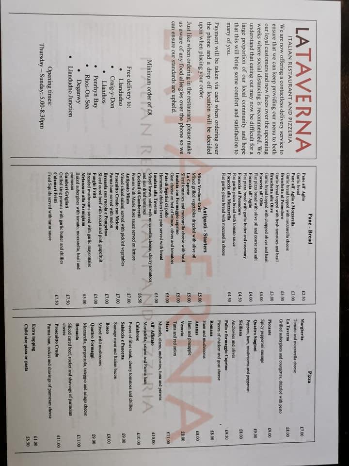 Menu at La Taverna restaurant, Llandudno