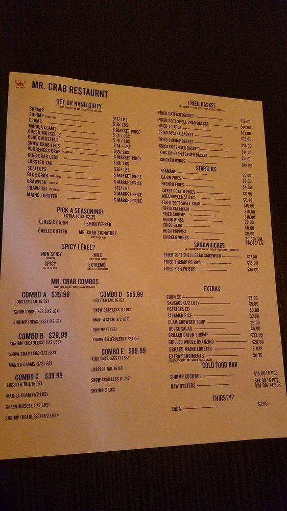 Menu at Mr. Crab restaurant, Sacramento