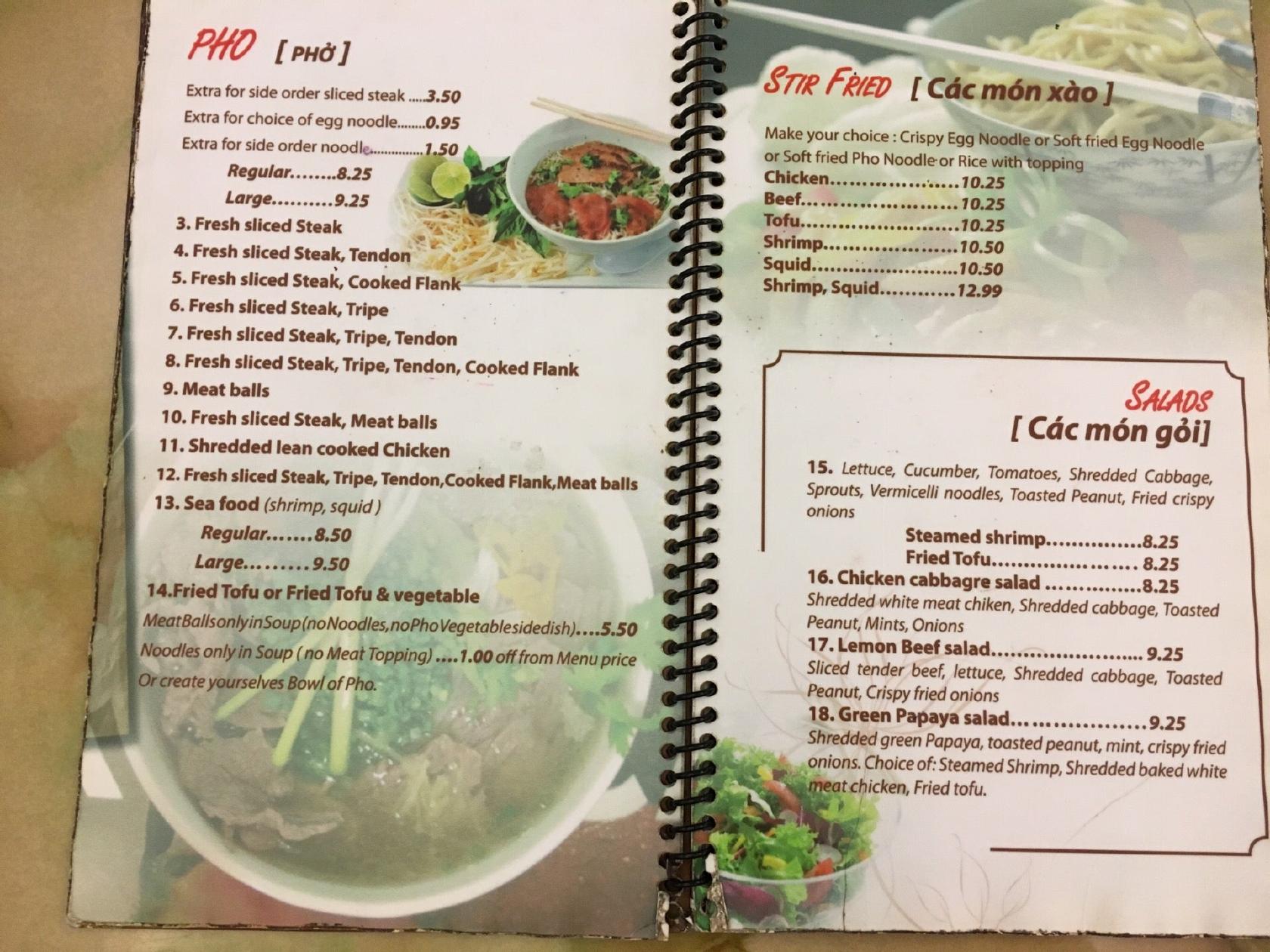 Menu at Saigon's Restaurant, Honolulu