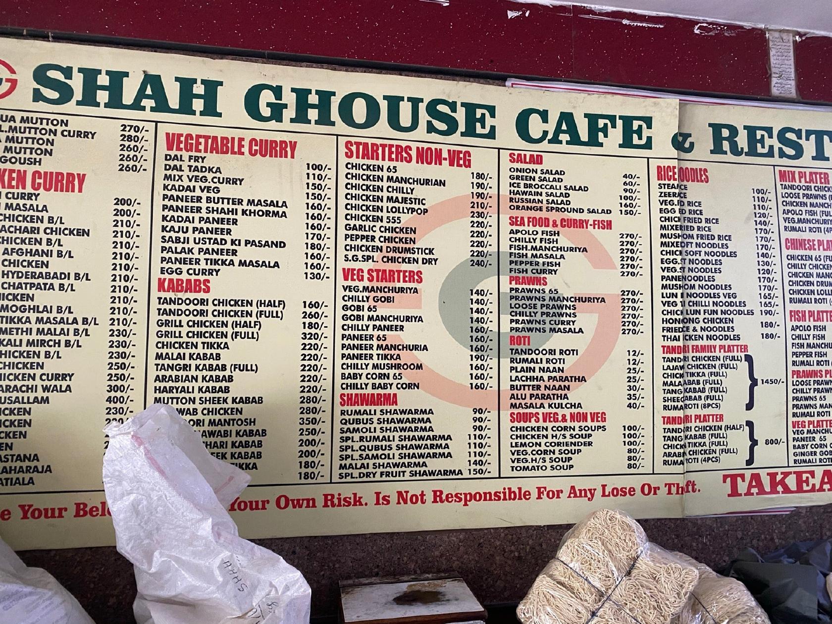 Menu at Shah Ghouse, Hyderabad, 9CWG+F25