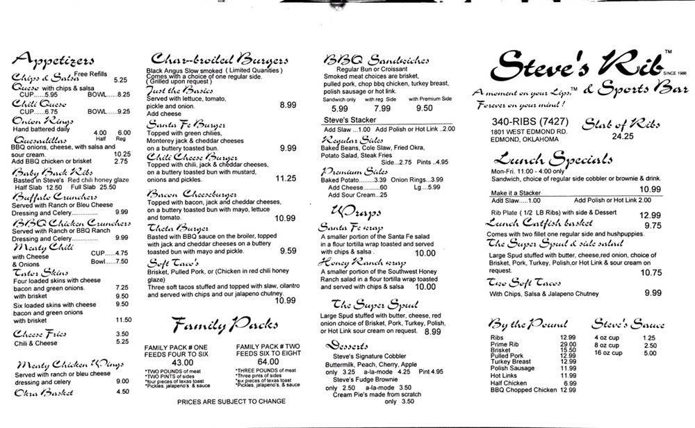 Menu at Steve's Rib pub & bar, Edmond, W Edmond Rd