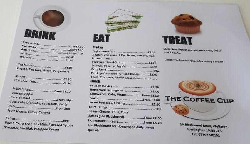 Menu at The Coffee Cup, Nottingham