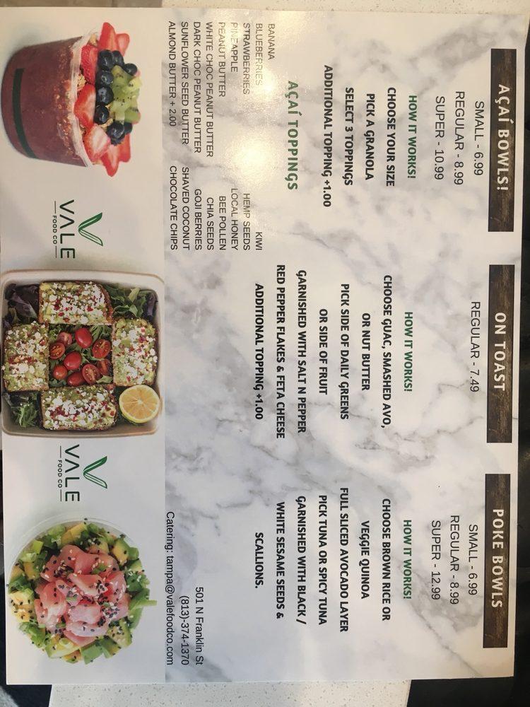 Menu at Vale Food Co restaurant, Tampa