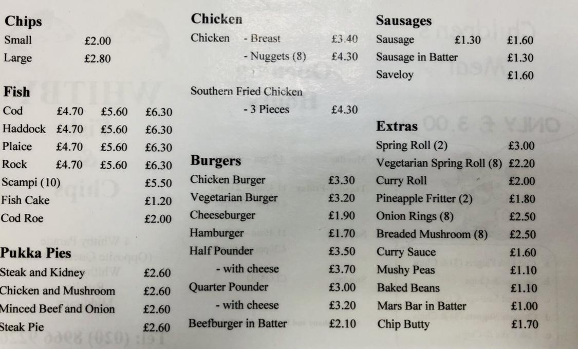 Menu at Whitby Fish Bar, Ruislip