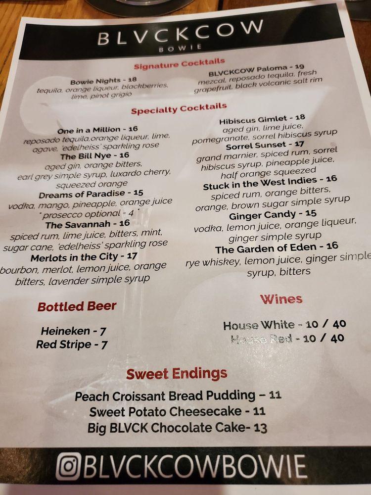 Menu at BLVCK COW pub & bar, Bowie
